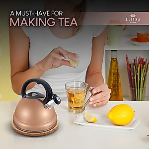 ELITRA HOME Whistling Tea Kettle Stainless Steel Tea Pot for Stovetop with Stay Cool Handle 3.1 Quart / 3 Liter Rose Gold