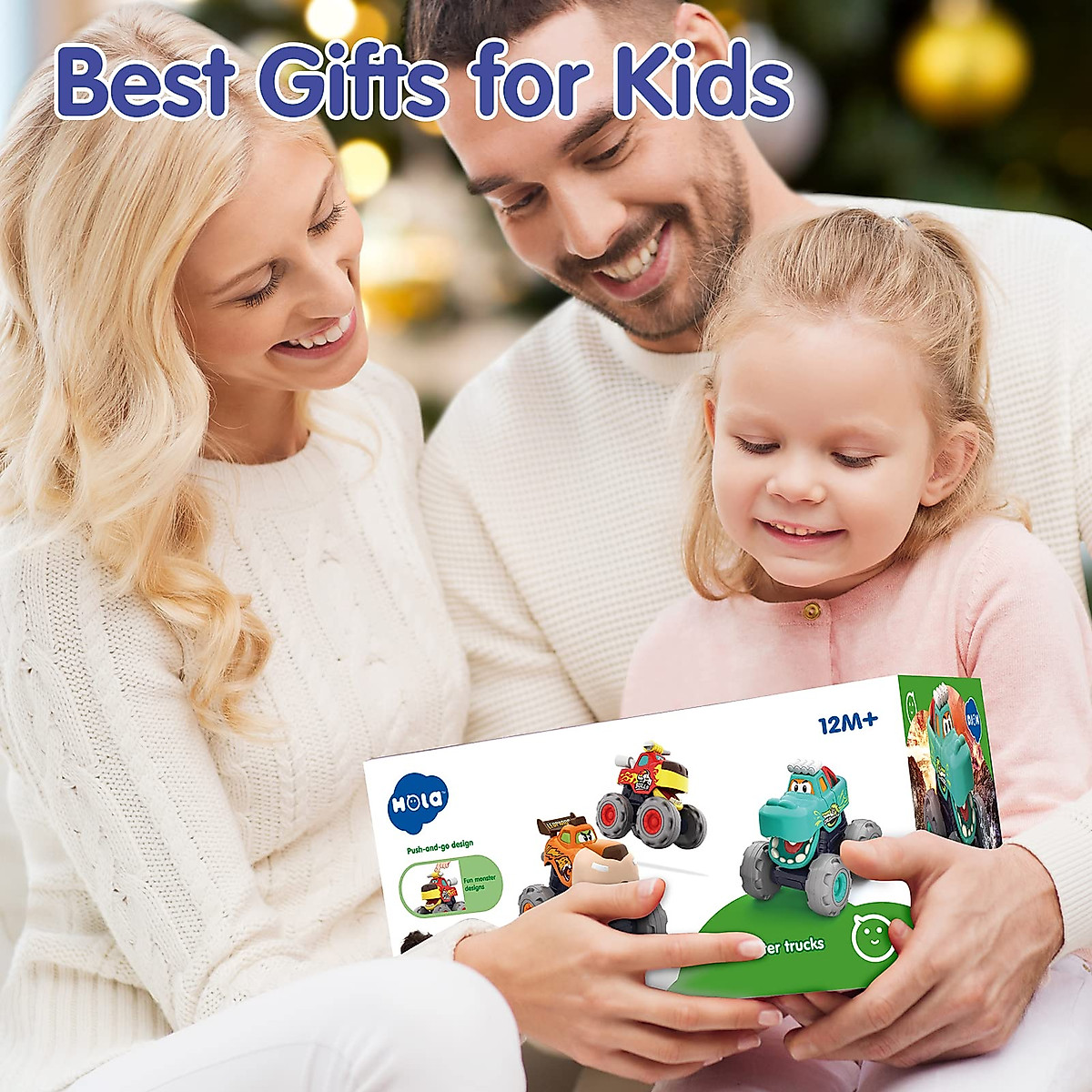 HOLA Toys for 1 + Year Old Boy Gifts, 3 Pack Monster Trucks for Boys Toys for 1 2 + Year Old Boy Girl Gifts, Friction Powered Pull Back Push and Go Toy Cars for Toddler 1-3 Baby Boy Toys 12-18 Months