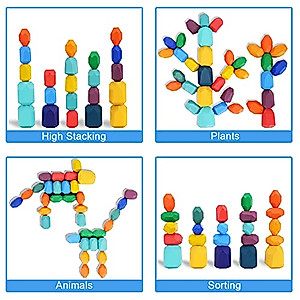 TOY Life 38 PCs Wooden Rainbow Stacking Toys, Montessori Toys for 3 4 Years Old, Stacking Toddler Blocks, Stacking Stones, Rainbow Stacker, Stacking Rocks, Wooden Blocks for Toddlers Kids, Peg Dolls