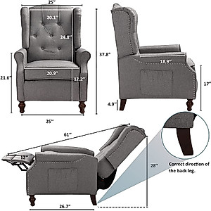 OQQOEE Wingback Recliner Chair Set of 2 with Massage & Heat Vibration, Fabric Push Back Accent Chairs Diamond Tufted Reclining Armchair for Living Room, Bedroom (Fabric, Grey*2)