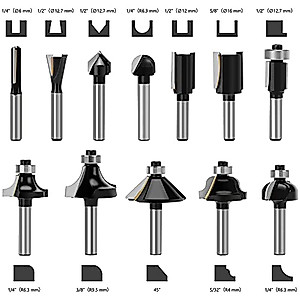 KSEIBI 1/4 Inch Router Bit Set, Tungsten Carbide Tip, Black Powder Coating Finish, for Both Beginners and Simi-Professional Woodworking Job 12 Piece Kit (103119)