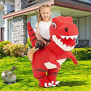 COMIN Inflatable Dinosaur Costume Kids, Ride on Dinosaur Blow Up Trex Costume Red Funny Fancy Dress for Halloween Party 4-6Y