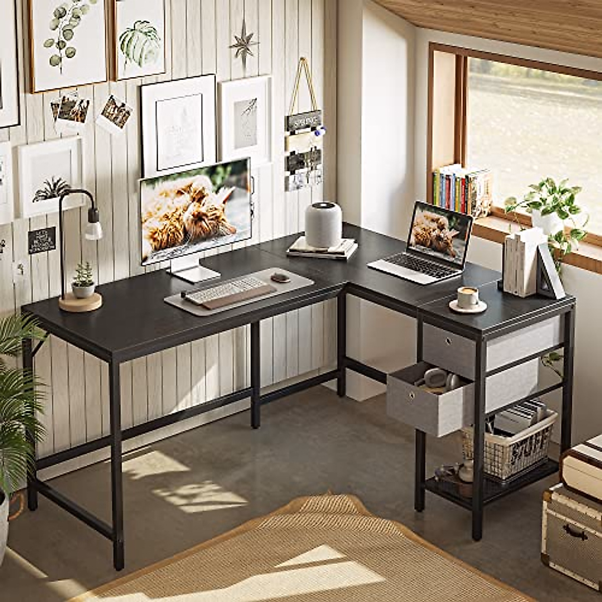 Cubiker L-Shaped Computer Desk, Home Office Corner Desk with Non-Woven Drawer, Sturdy Writing Table, Space-Saving, Easy to Assemble