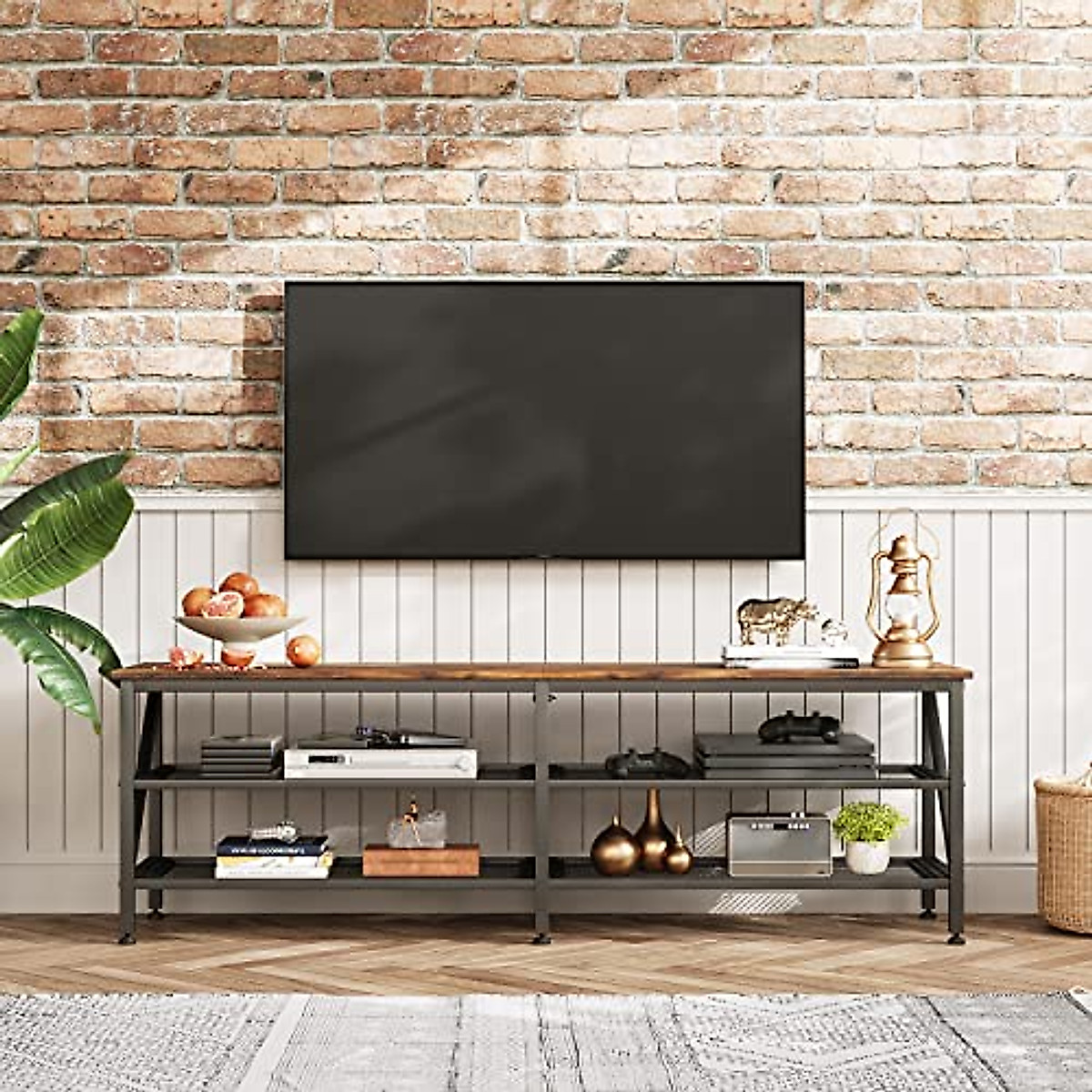 Mexin TV Stand for 65 75 Inch TV, 63 Inch TV Stands for Living Room and Bedroom, Industrial Television Stands, Entertainment Center with Storage, Modern TV Console, Rustic Brown