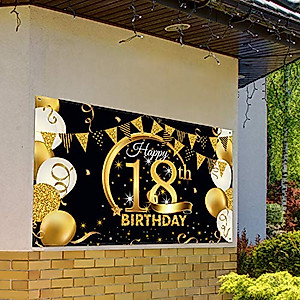 Birthday Party Decoration Extra Large Fabric Black Gold Sign Poster for Anniversary Photo Booth Backdrop Background Banner, Birthday Party Supplies, 72.8 x 43.3 Inch (18th)