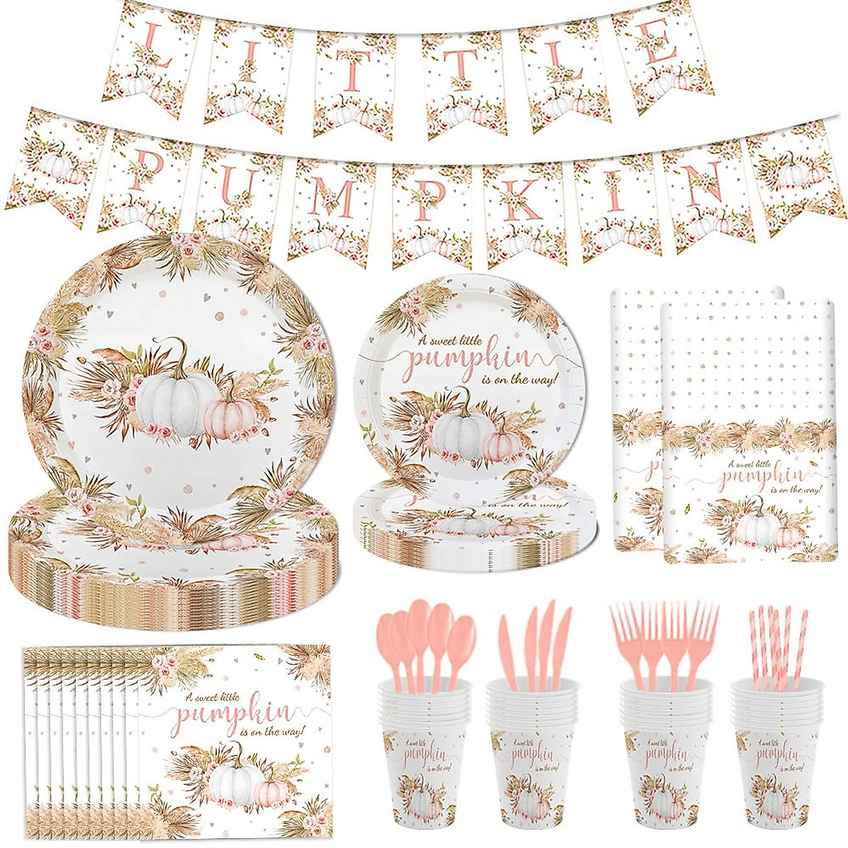 MEHOFOND Boho Fall Pumpkin Baby Shower Decorations Bohemia Floral Little Pumpkin Party Supplies Disposable Tableware Set 195 Pcs Plates Napkins Banners Plastic Tablecloth for Baby Shower Kids Party