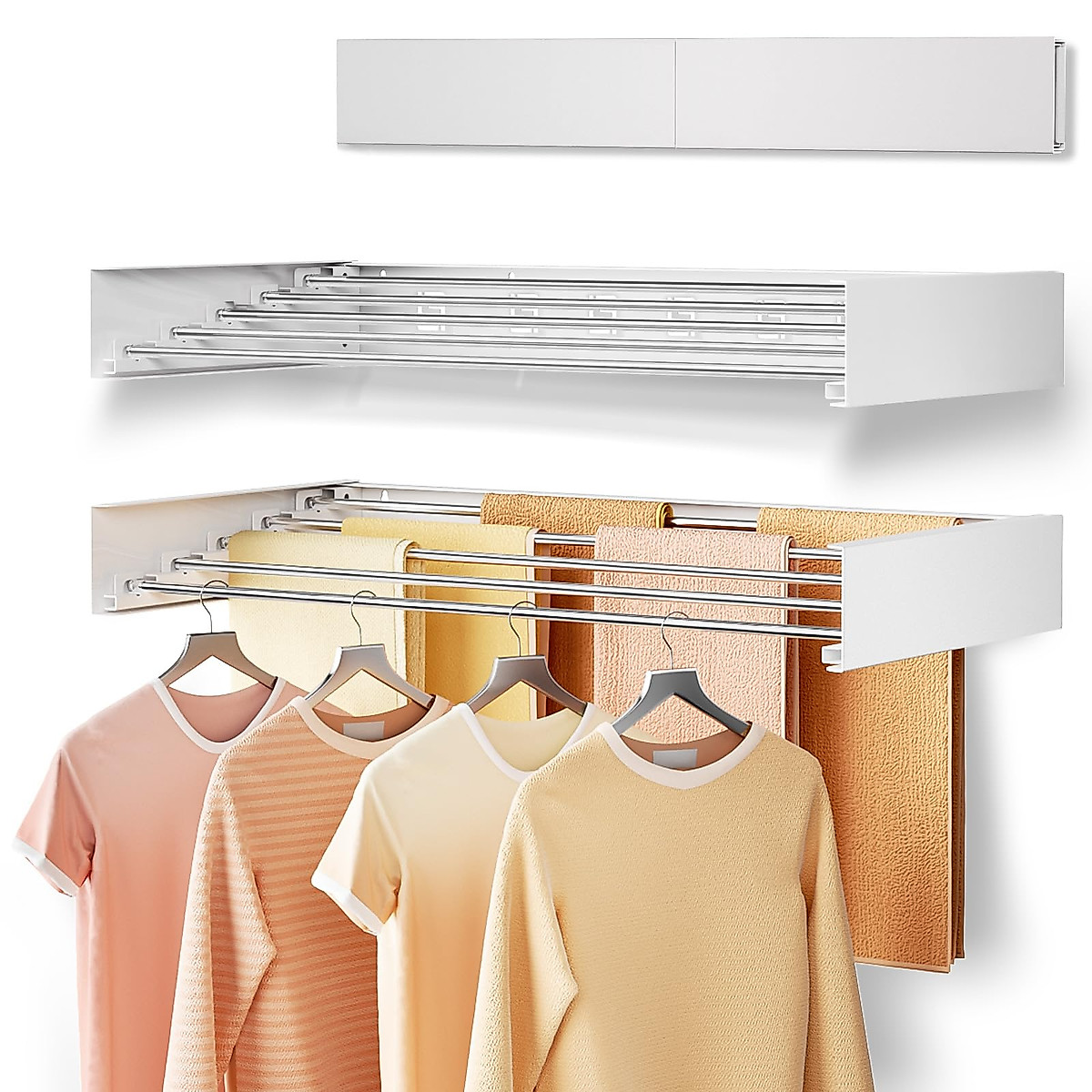 Vasunray Wall Mounted Clothes Drying Rack Folding Indoor, Foldable Laundry Drying Rack Collapsible,Invisible, Space Saving, Retractable Towel Drying Rack, with Wall Template(5 Drying Rods, White 32")