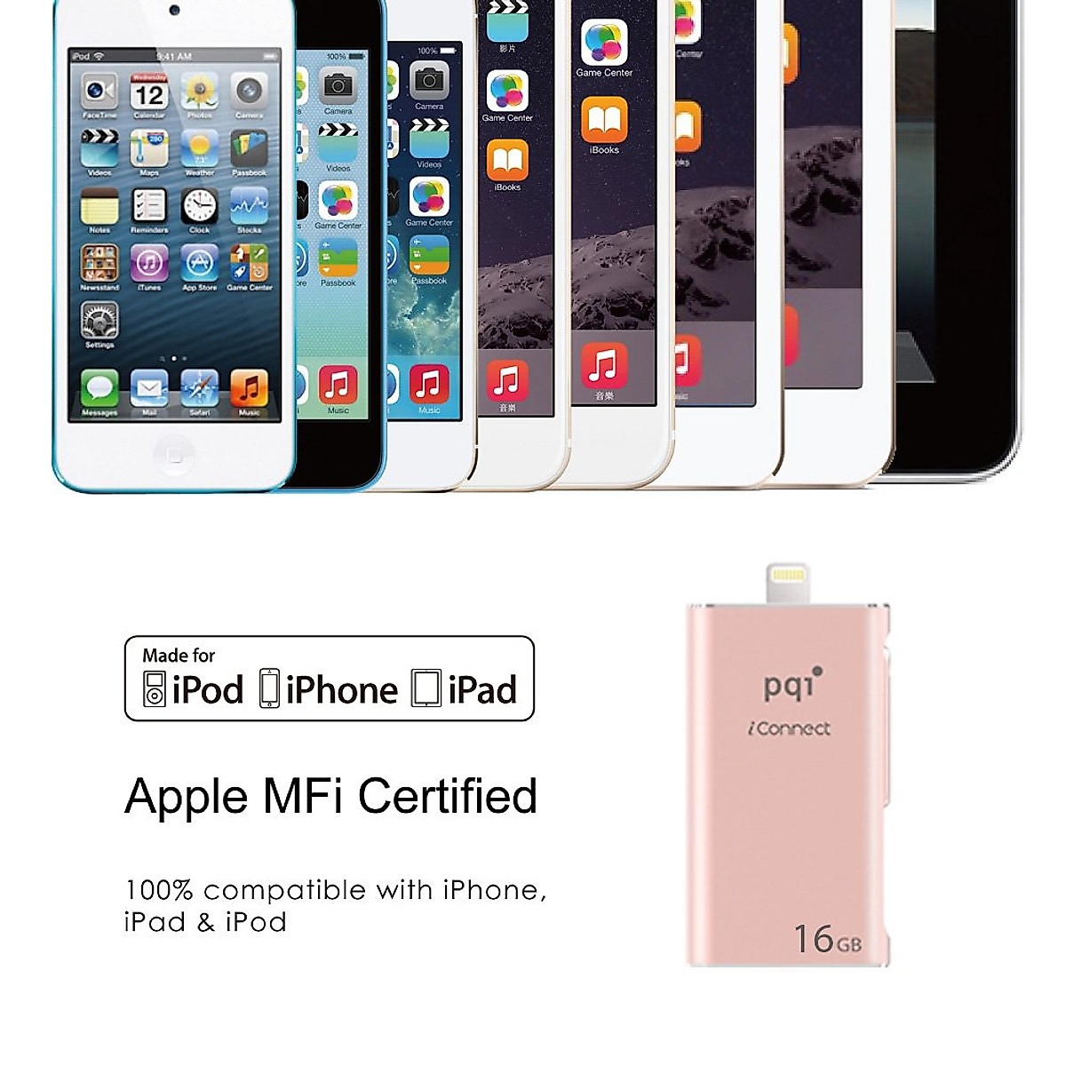 Flash Drive for iPhone iPad, iConnect[USB 3.0] [Apple MFi Certified] Apple FlashDrive Mobile storage with Lightning connector for iPhone, iPad, iPod Mac and Computer (16GB) (Rose Gold)