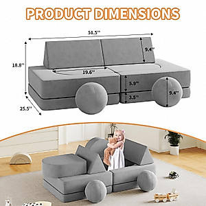 Neoriver Kids Couch, 10PCS Modular Kids Play Couch with 2 Balls and Tunnel, Fold Out Toddler Couch for Playroom Bedroom, Creative Kids Sectional Foam Sofa for Boys and Girls, Grey