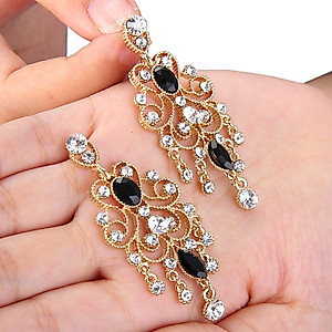BriLove Wedding Bridal Dangle Earrings for Women Vintage Style Crystal Drop Hollow Filigree Chandelier Dangle Earrings Black Gold-Toned