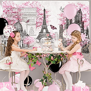 76 Pcs Paris Party Supplies Set Pink Paris Theme Party Decoration Eiffel Tower Party Backdrop White Pink Black Balloon Arch Garland Kit for Kid Boy Girl Birthday Decoration