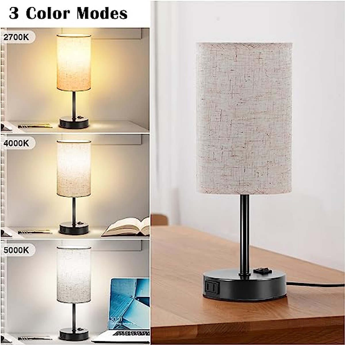 ZJOJO Table Lamp for Bedroom, Bedside Table Lamps Set of 2, Small Lamp with 3 Way Dimmable Desk Lamp Using Rocker Switch, Nightstand Lamp with AC Outlets for Living Room Home Decor
