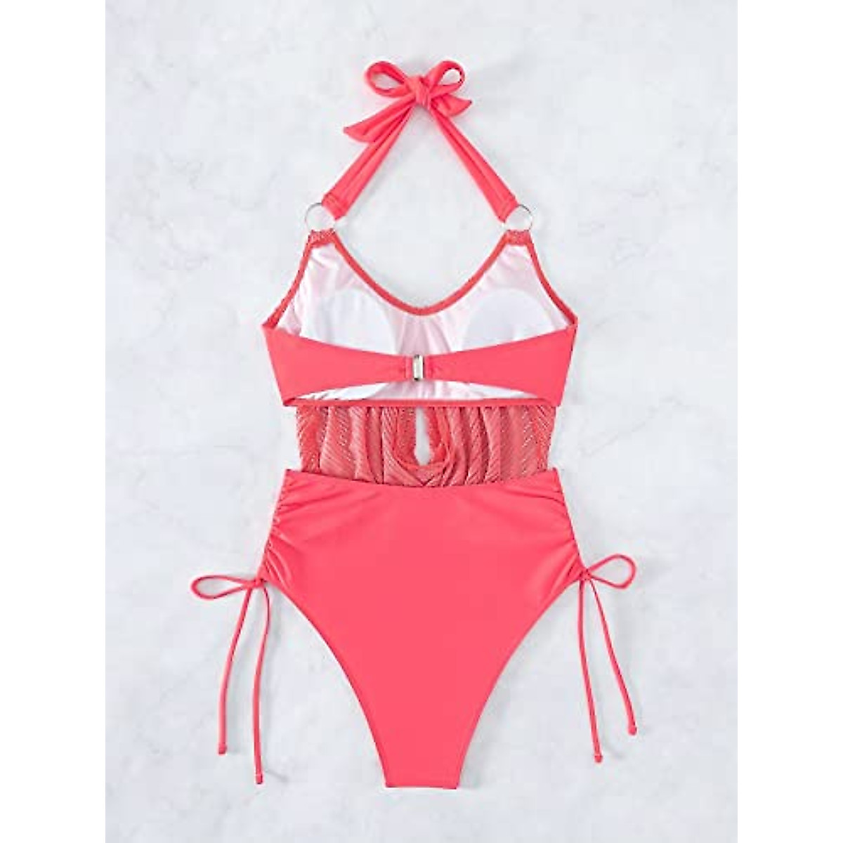 MakeMeChic Women's 2 Piece Bathing Suits Ring Linked Drape Drawstring High Waisted Tankini Swimsuit Watermelon Pink S