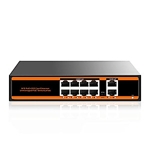 YIDUOYUNCAI 10 Ports PoE Switch,8*100Mbps Port PoE+2*100Mbps UpLink Port,150W Built-in Power,802.3af/at,Metal Fanless,Extend to 250Meter,WallMount,Unmanaged Plug and Play