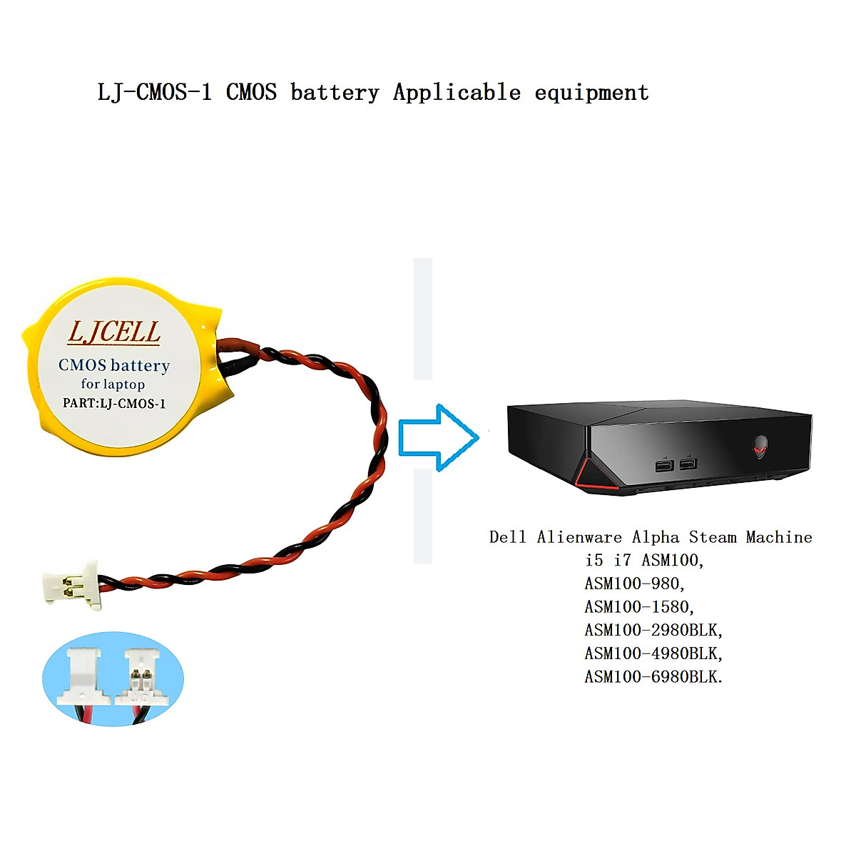 LJCELL CMOS Battery for Dell Alienware Alpha R1 Steam Machine i5 i7 Desktop,Fix Yellow Light BIOS RTC CR2032 Battery with 2 Wire Cable and Connector