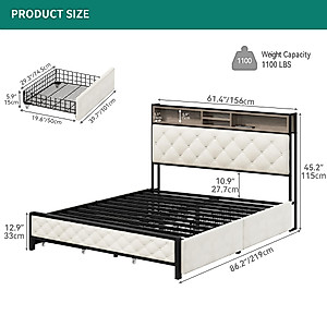 DWVO Queen Size Storage Bed Frame with 4-Drawer, Upholstered Platform Bed Frame with USB Charging Ports & Bookcase Headboard, Simple Setup, No Requirement for Box Spring (Beige)