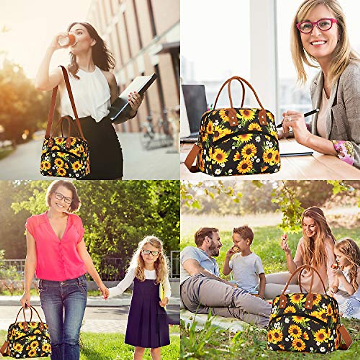 Insulated Lunch Bag Reusable Lunch Box Lunch Tote Bag Cooler Bag with Adjustable Shoulder Strap Food Storage Container Meal Prep Organizer for Women Men Adult Work Picnic - Sunflowers