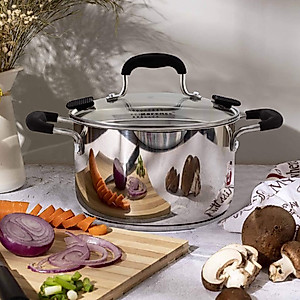 Rorence Stainless Steel Stock Pot with Pour Spout & Silicone Handles & Glass Lid with Strainer - 3.7 Quart