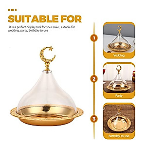 ULTECHNOVO Eid Mubarak Cake Stand with Dome Lid Cloche Golden Vintage Ramadan Kareem Serving Tray Cupcake Server Dessert Plate Eid Plates Islam Platter Ramadan Mubarak Eid Party Supplies