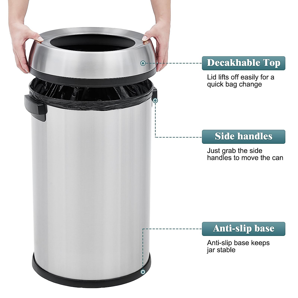 WELYFE 17 Gallon Open Top Trash Can, Round Stainless Steel Trash Can, Commercial Trash Can, 65 L(Open Top), Silver