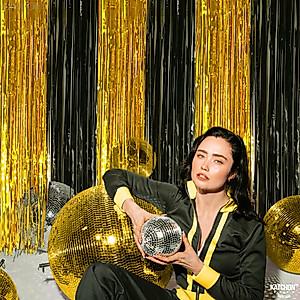 KatchOn, Xtralarge Black and Gold Streamers - 8x3.2 Feet, Pack of 2 | Black and Gold Fringe Curtain for Black and Gold Party Decorations | Black and Gold Backdrop, Graduation Decorations 2024