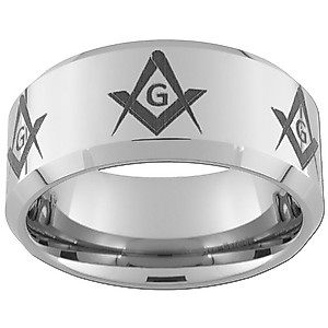Custom Jewelry 10mm Tungsten Carbide Freemason Masonic Square and Compass Ring size 11