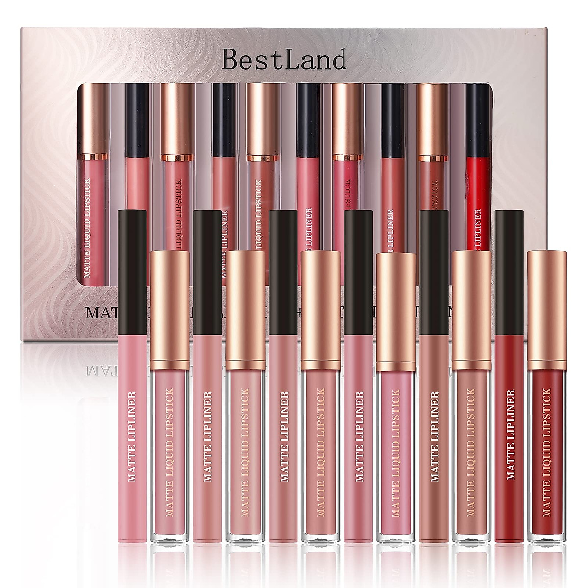 BestLand 12Pcs Matte Liquid Lipstick + Lip Liner Pens Set, One Step Lips Makeup Sets Pigment Velvety Nude Lip Stain Waterproof Long Wear Lip Gloss Make up Gift Set (Set C)