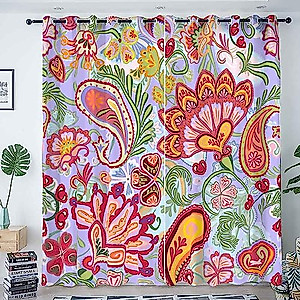 Pamime Shower Curtain Rod Holder Paisley Ethnic Pattern with Floral Red Orange Green Shower Curtain Rod Holder 52" W X 84" L Panels of 2