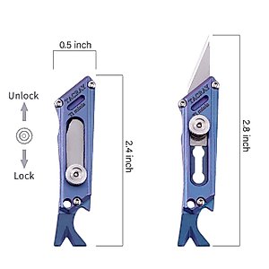 Tacray Titanium EDC Utility Knife with a bottle opener and in the tail, Pocket Knife Box Cutter with Retractable and Replaceable Blade, Mini Knife for Multiple Cutting Tasks（Blue)