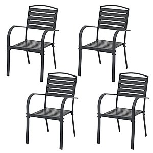 SUNSITT Patio Dining Chairs Set of 4, Aluminum Outdoor Dining Chairs with Faux Wood Slats, All-Weather Stackable Patio Chairs w/Armrests for Lawn, Porch, Garden and Deck, Black