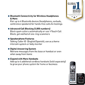 Panasonic Cordless Phone System, Bluetooth Pairing for Wireless Headphones and Smart Call Block and Bilingual Talking Caller ID, 2 Handsets Expandable up to 6 Cordless Handsets - KX-TGD892S (Silver)