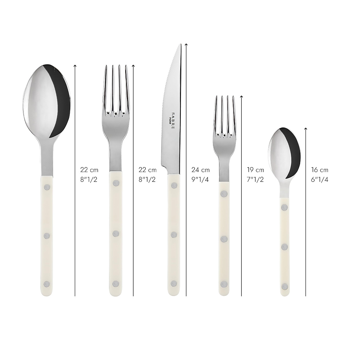 SABRE PARIS - 5-Piece Flatware Set - Bistrot Collection - Knife, Fork, Soup Spoon, Teaspoon & Dessert Fork - Stainless Steel & Nylon - Dishwasher Safe - Ivory - Brilliant Finish