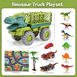 skirtoy Dinosaur Toys for Kids, Dinosaur Transport Truck with Activity Playmat, 2 Friction Powered Vehicles, 4 Colorful Dinosaur Figures, Small Dino Carrier Cars Birthday Gift for Children Age 3-5-7