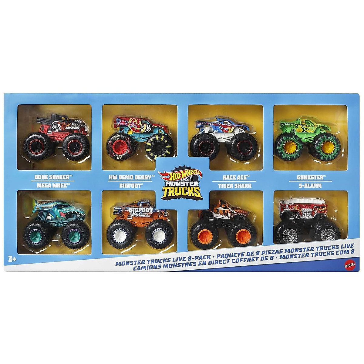 Hot Wheels Monster Trucks Live 8-Pack, Multipack of 1:64 Scale Toy Monster Trucks, Characters from The Live Show, Smashing & Crashing Trucks, Toy for Kids 3 Years Old & Up