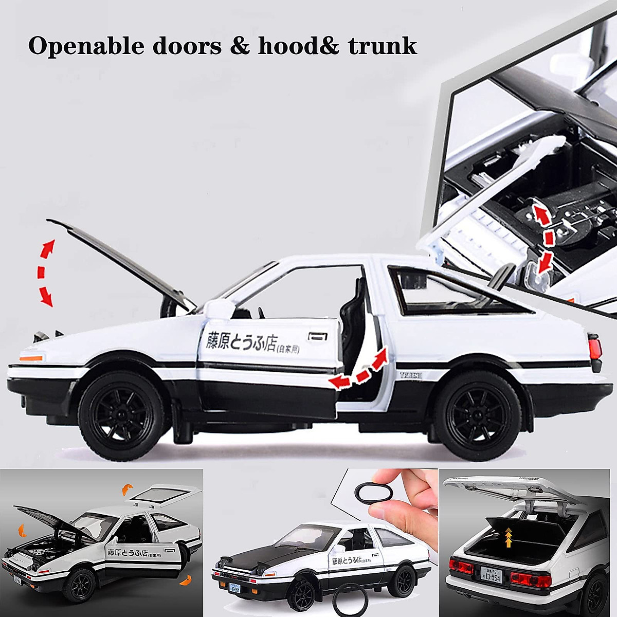 Mzexoma Initial D Toyota Trueno AE86 Alloy Diecast Car Model, Sports Car Toys for Kids and Adults,Pull Back Vehicles Toy Cars (Black-Type A)