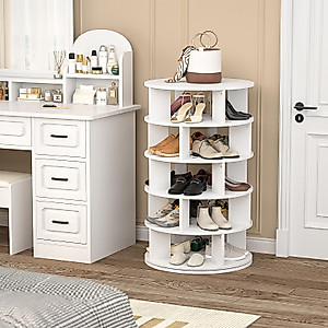 Aheaplus Rotating Shoe Rack, 5-Tier Wood Shoe Organizer for Closet, 360° Spinning Shoe Rack Tower Space-Saving Shoe Storage Shelf for Entryway, Garage, Bedroom, White