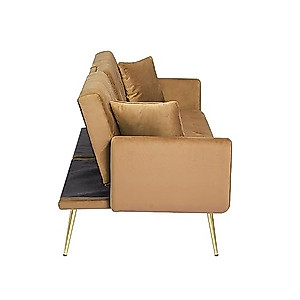 Verfur Button Tufted Convertible Futon Sofa Bed,Modern Velvet Upholstery Sleeper Couch Daybed with 2 Cup Holders and Square Armrests for Small Places Sofabed, Brown 72.4"