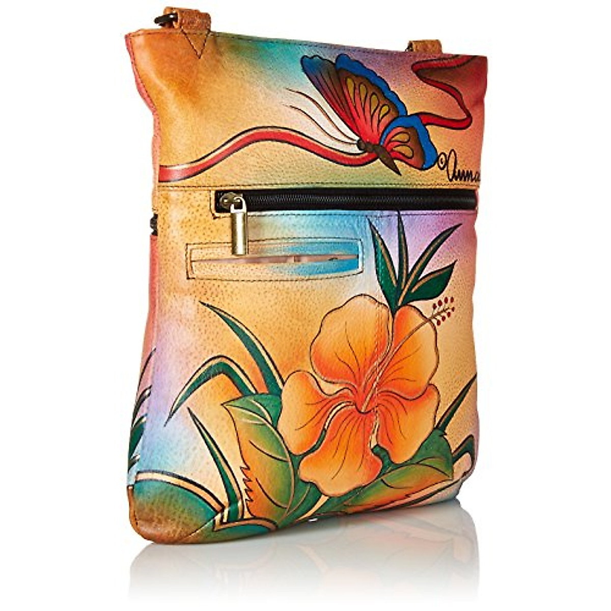 Anna Anuschka Slim Crossbody Bag | Genuine Leather | Antique Hibiscus