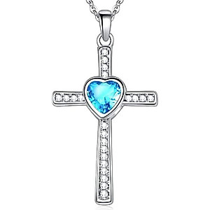 Jude Jewelers Stainless Steel Heart Birthstone Cross Statement Wedding Cocktail Party Pendant Necklace (Mar-Aquamarine)