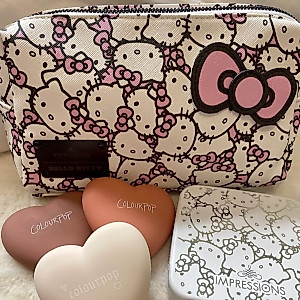 Impressions Vanity Hello Kitty Cosmetic Pouch with Waterproof Faux Leather, Zippered Bag For Travel Size Toiletries, Makeup Bag Organizer With Inside Pocket With Extra Slip Pocket (White/Pink)