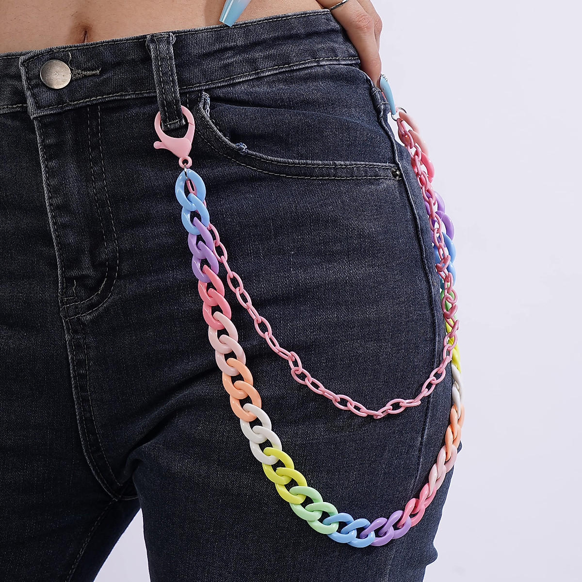 YERTTER Punk Rainbow Layered Pants Jeans Chain Colorful Acrylic Pants Chain Goth Layered for Men Link Wallet Chain Trousers Chain Waist Body Chain Set for Women Man (Pink)