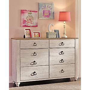 Signature Design by Ashley Willowton Coastal Cottage Youth 6 Drawer Dresser with Faux Plank Top, Whitewash