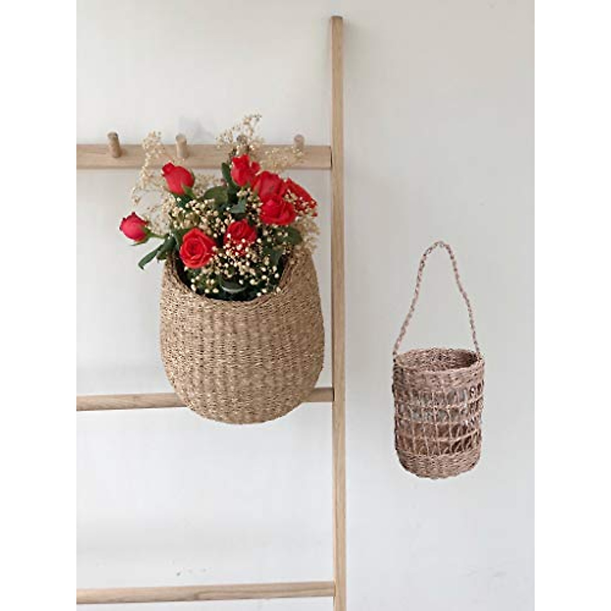 ArteeHome Wall Hanging Medium and Small Storage Baskets, Plant Basket, Woven Wicker Seagrass Hanging Basket, Utensils Holder for Kitchen, Front Door Basket, Boho Chic Decor, Set of 2 pcs