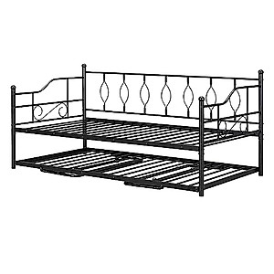 RORIGAT Twin Daybed with Trundle, Metal Day Bed with Adjustable Trundle, Twin to King Daybed with Portable Folding Trundle for Kids Teens Adults, Heavy Duty Steel Slat Support, Black