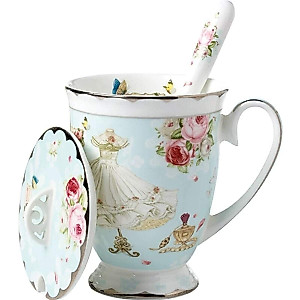 Krysclove Vintage Ceramic Tea Cup Coffee Mug with Lid and Spoon Set, Royal Fine Bone China Mugs 11oz(Light Blue)