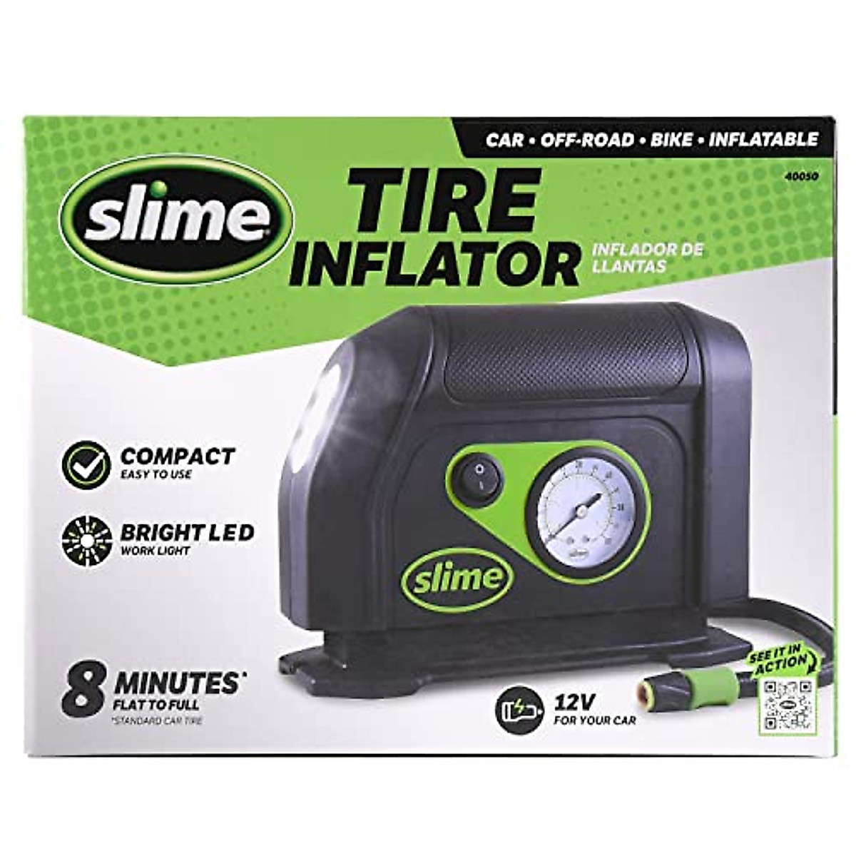Slime 40050 Tire Inflator, Portable Car Air Compressor, with Analog 100 psi Dial Gauge, Long Hose and LED Light, 12V, 8 min Inflation