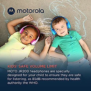 Motorola Moto JR200 Kids Headphones with Microphone - Lightweight Over Ear Wired Foldable Design, Safe Volume Limit 85dB, Audio Splitter for Sharing - Ideal for School, Home, Travel, Gaming - Blue