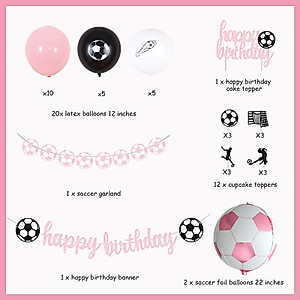 Sursurprise Soccer Birthday Party Decorations for Girls Pink Soccer Birthday Banner Garland Cake Topper Balloon for Sports Theme Birthday Party Supplies
