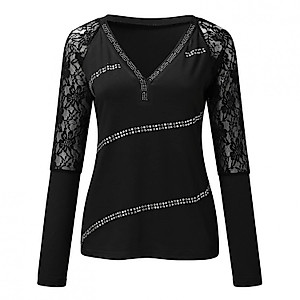Padaleks Sweatshirts for Women,Women's Casual Pullover Lace Rhinestine V Neck Long Sleeve Blouse Sexy Fall Tops