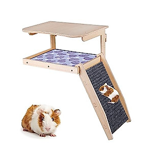 Vehipa Wooden Guinea Pig Hideout, Detachable Guinea Pig Platform with Stairs and Mat, Guinea Pig House for Hamster Bunny and Chinchilla on Cages
